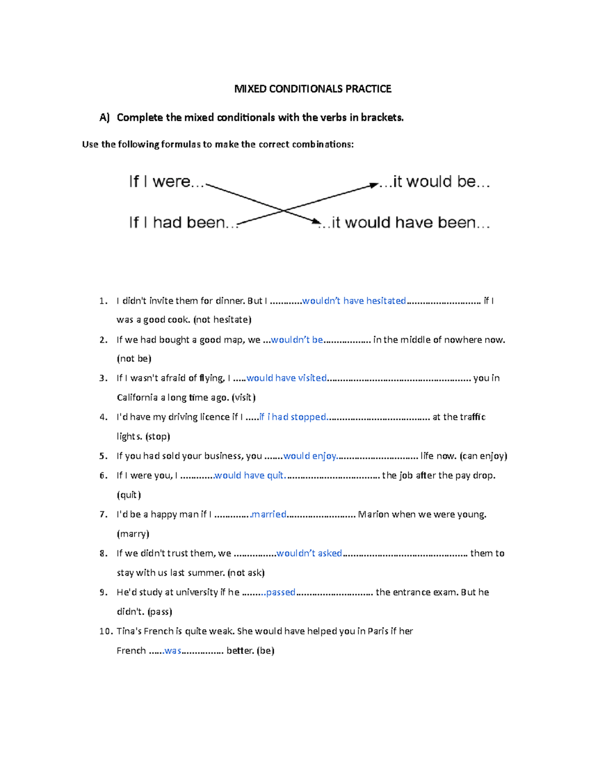 Mixed Conditionals Practice SMRT 125 - MIXED CONDITIONALS PRACTICE A ...