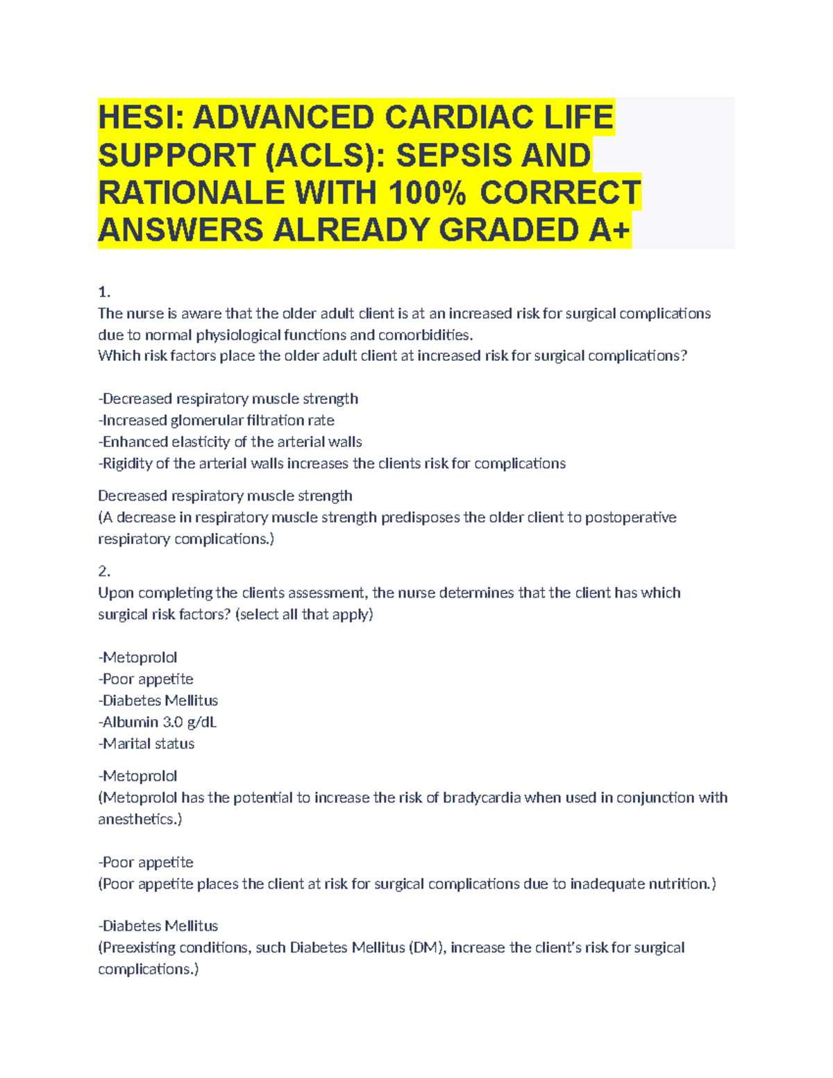 HESI Advanced Cardiac LIFE Support (ACLS) Sepsis AND Rationale WITH 100 ...