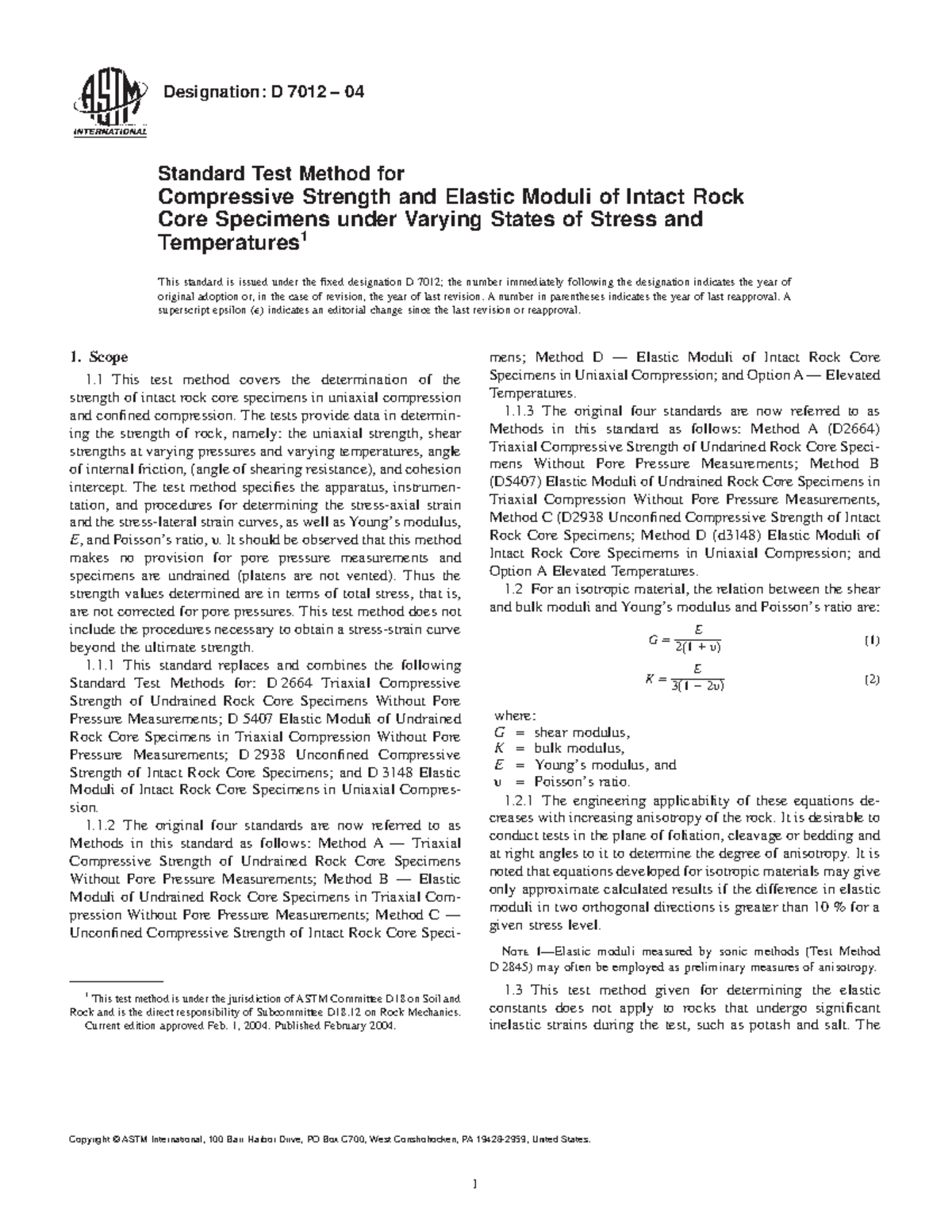 Compressive Strength and Elastic Moduli of Intact Rock Core Specimens ...