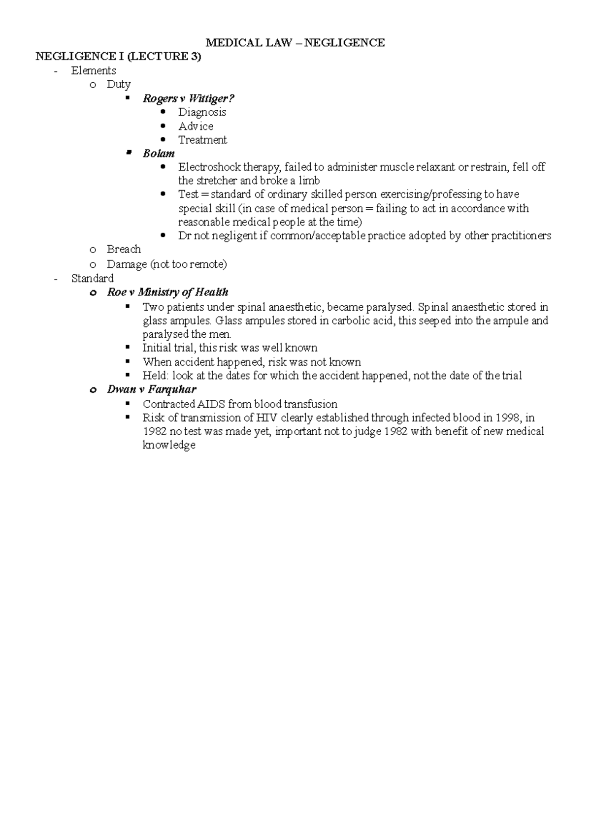 Negligence Notes - MEDICAL LAW – NEGLIGENCE NEGLIGENCE I (LECTURE 3 ...