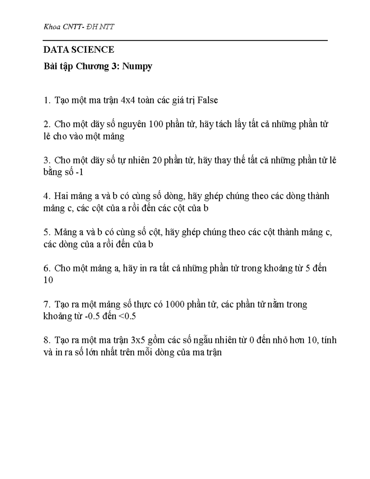Bài tập C3 - bai tap - Khoa CNTT- ĐH NTT DATA SCIENCE Bài tập Chương 3 ...