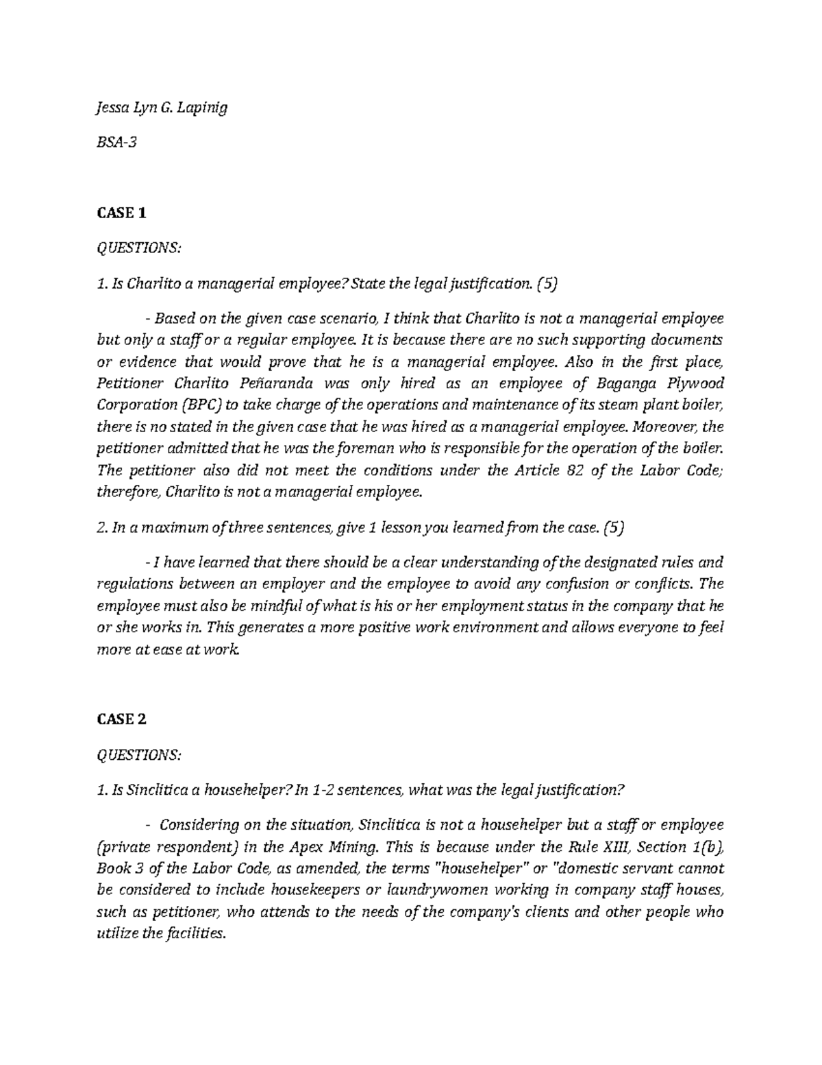 Activity 3- Labor Cases by Lapinig, Jessa Lyn G - Jessa Lyn G. Lapinig ...