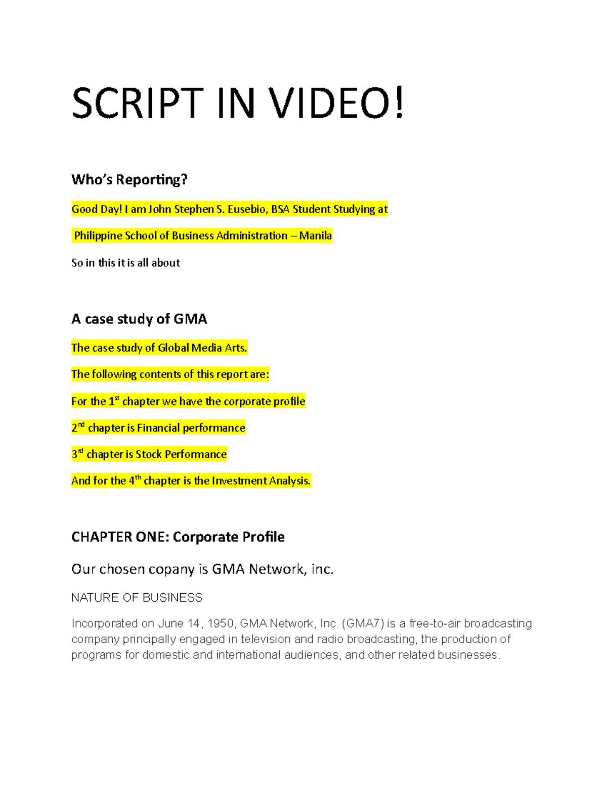 Script IN Video finmark - SCRIPT IN VIDEO! Who’s Reporting? Good Day! I ...