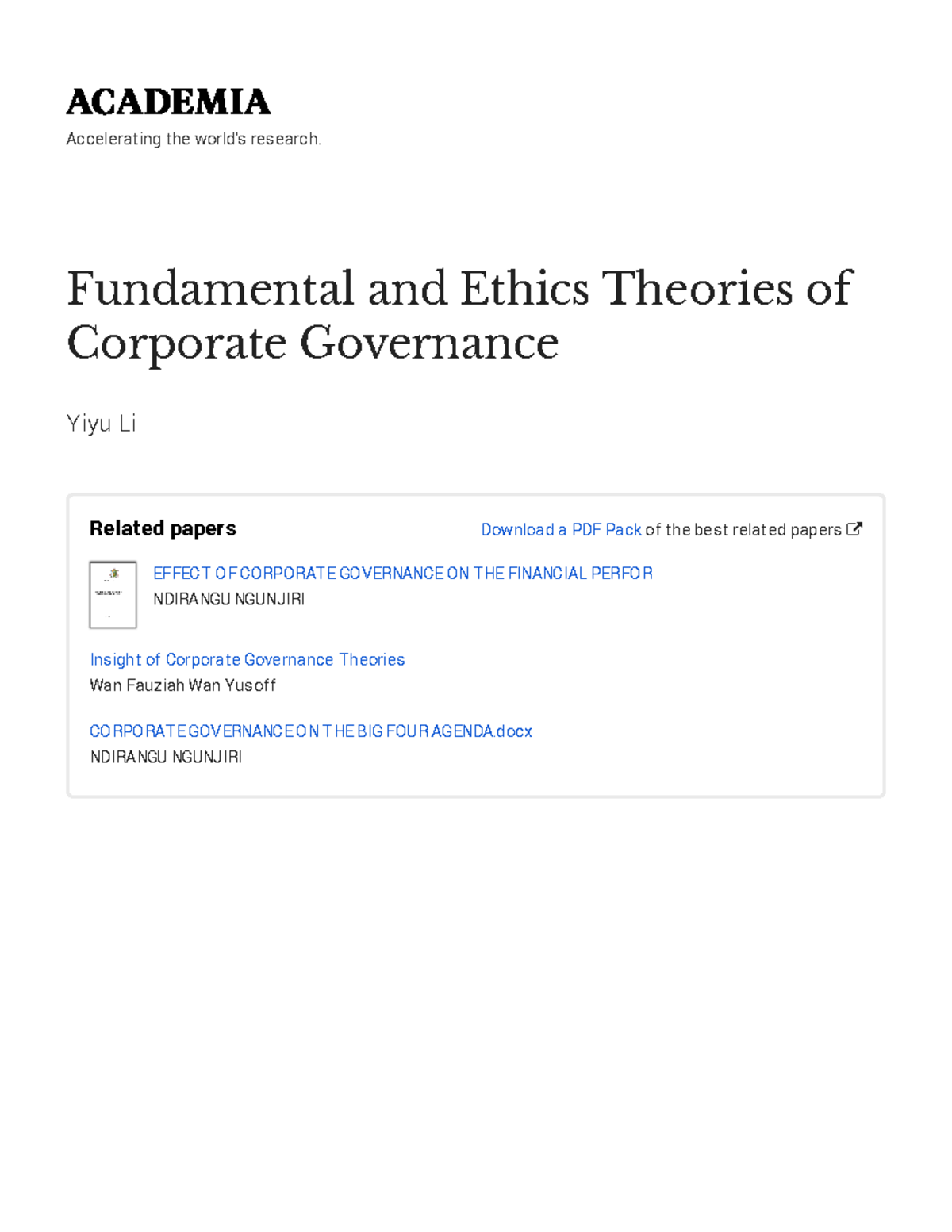 Fundamental and Ethics Theories of corporate governance - Accelerat ing t he world's research ...