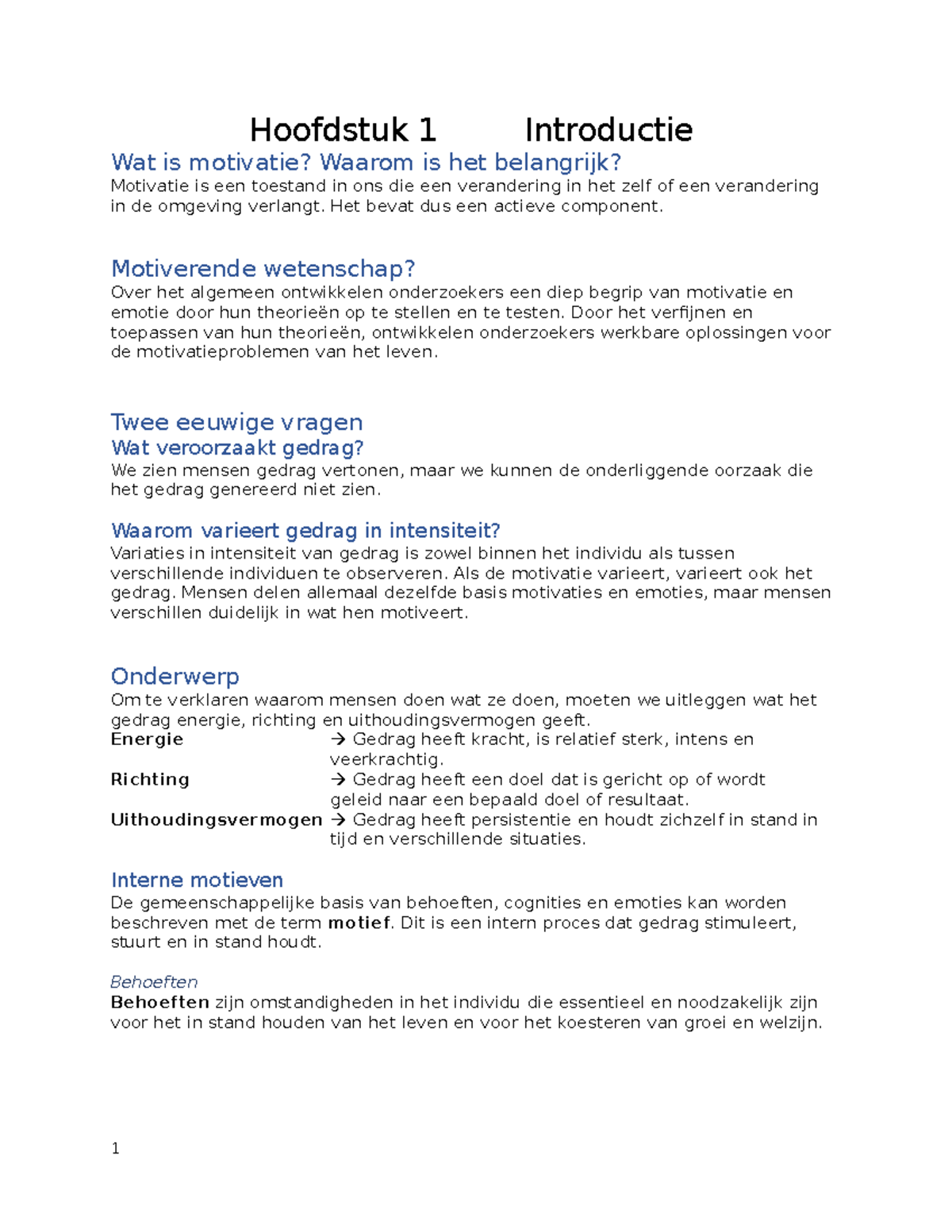 Samenvatting MZM - Hoofdstuk 1 Introductie Wat is motivatie? Waarom is ...