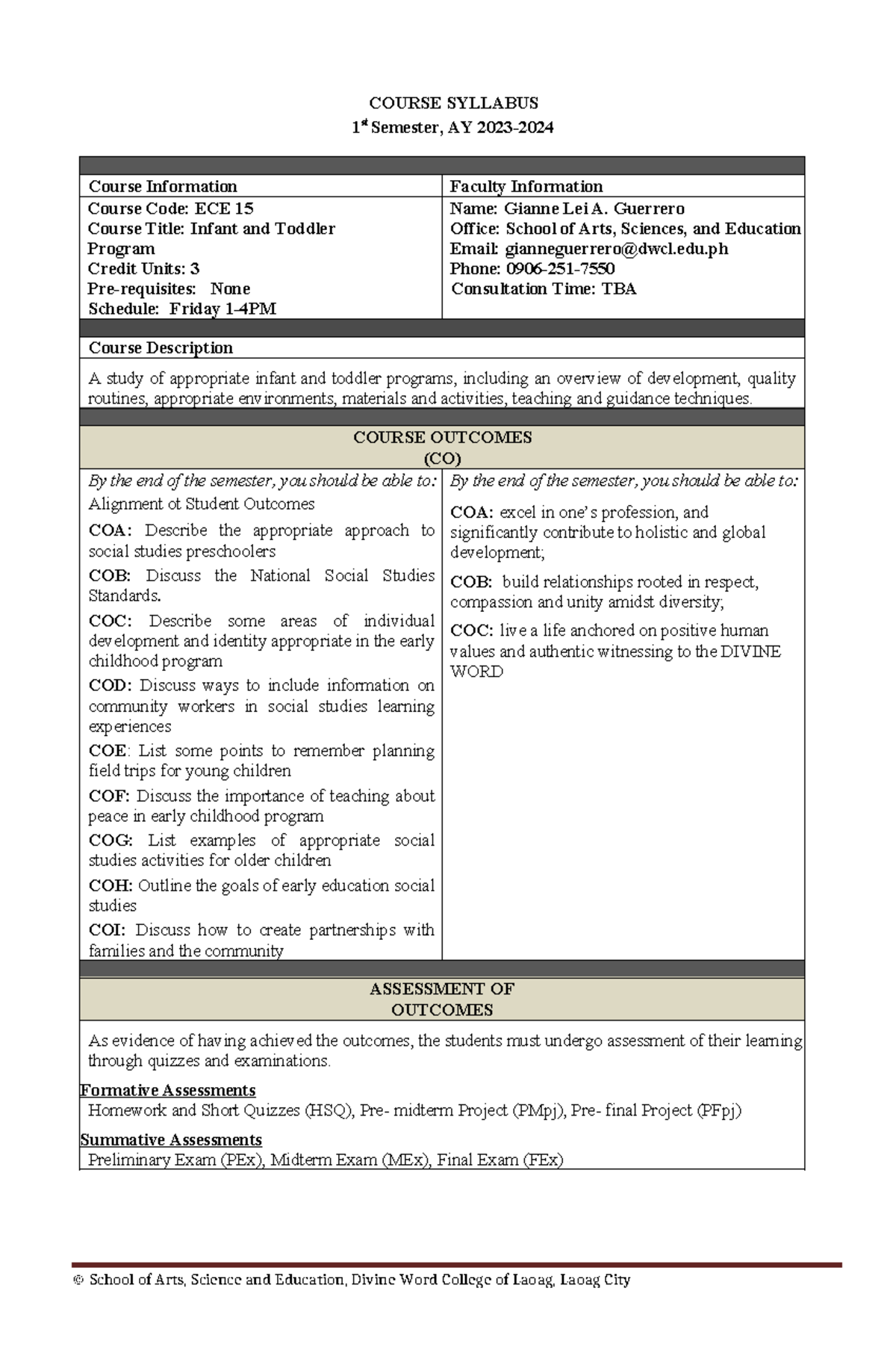 ECE 15 Infant and Toddler Program Syllabus - COURSE SYLLABUS 1 st ...
