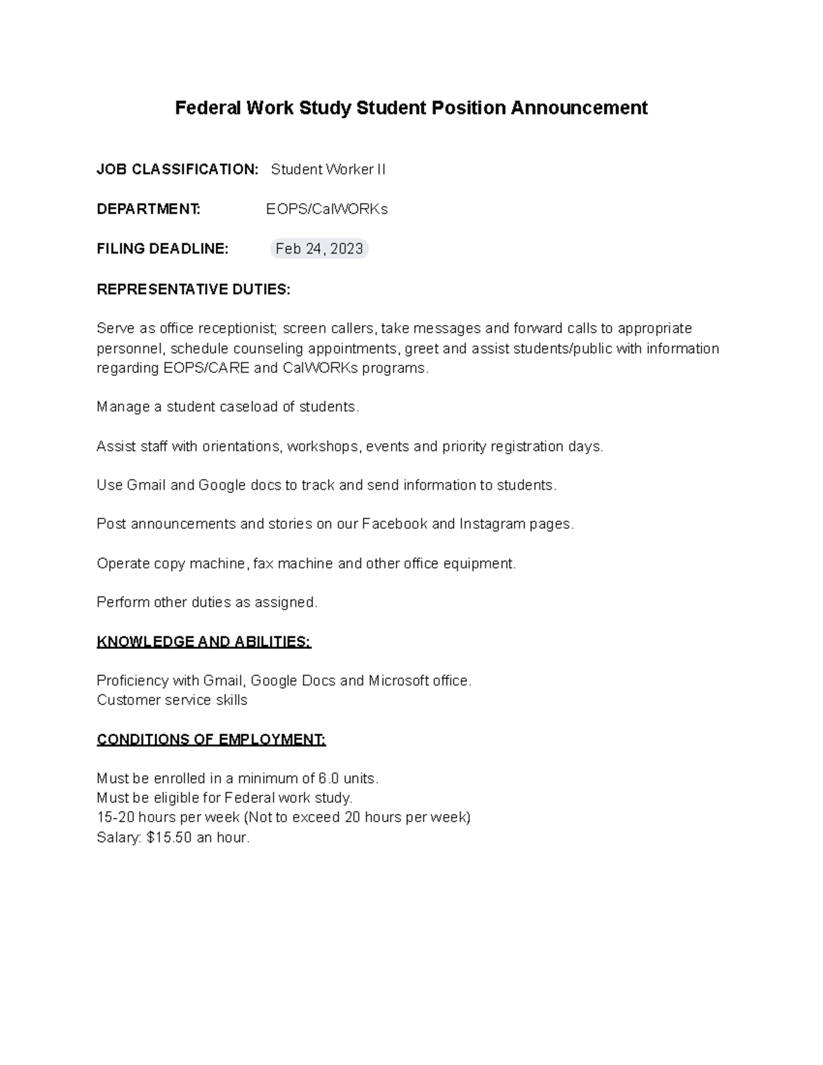 Federal Workstudy Student Position Announcement - Federal Work Study ...