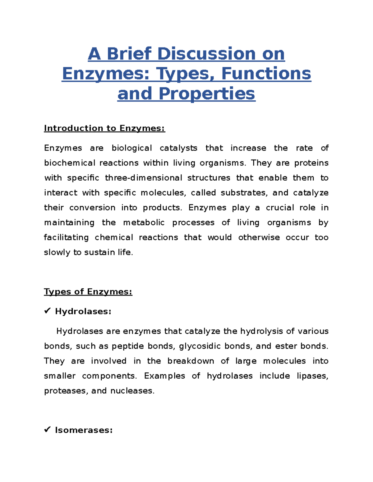 A Brief Discussion on Enzymes Types, Functions and Properties - A Brief ...