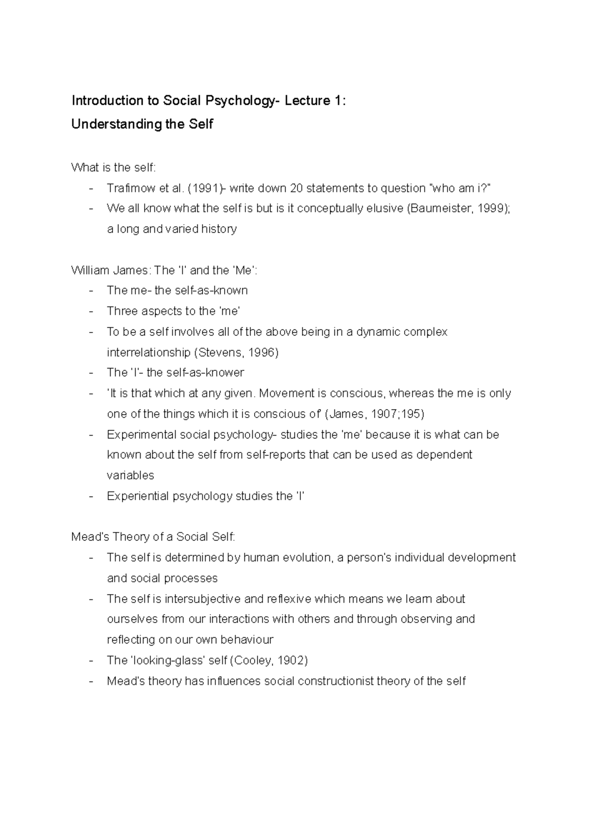 Introduction to Social Lecture 1: Understanding the Self - Studocu