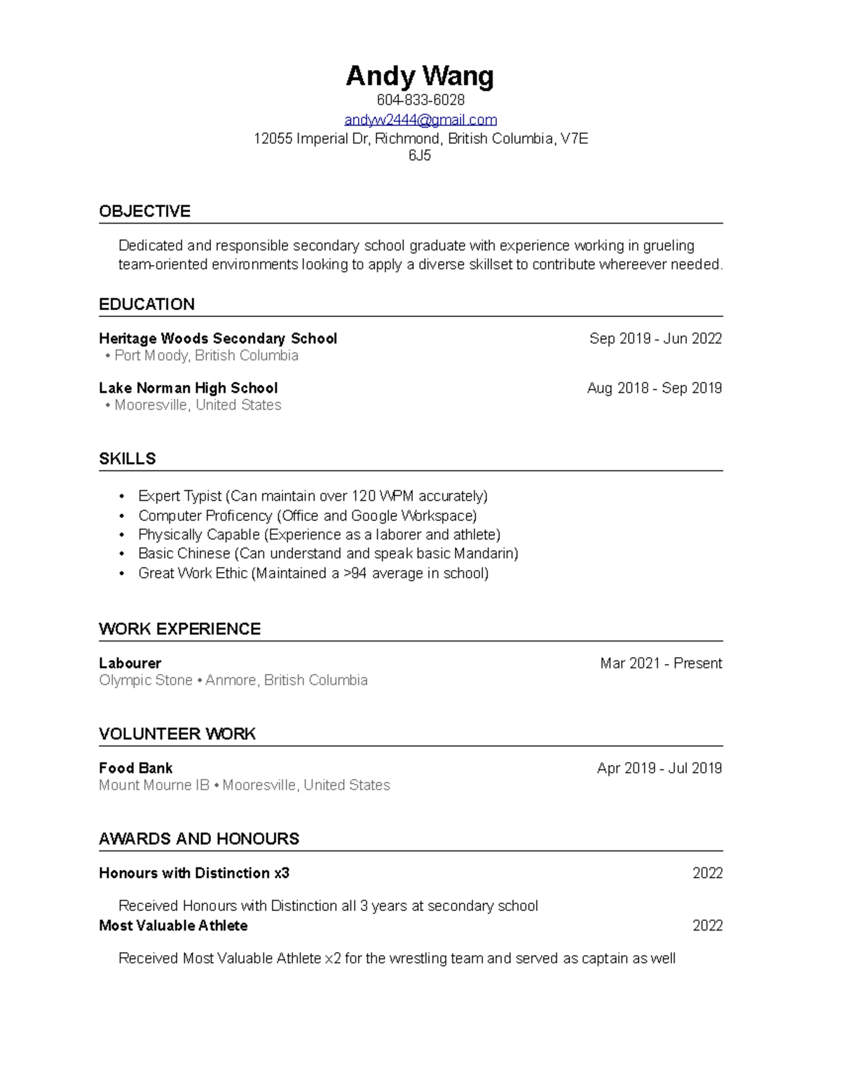 Resume Andy Wang June 2022 - Andy Wang 604-833- andyw2444@gmail 12055 ...