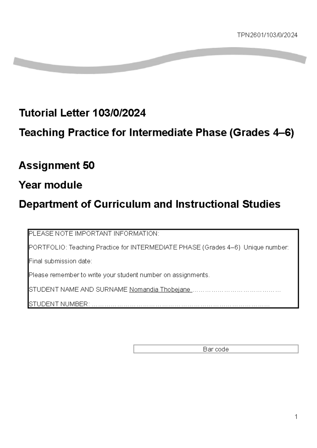 103 2024 0 b Noma - TPN2601/103/0/ Tutorial Letter 103/0/ Teaching ...
