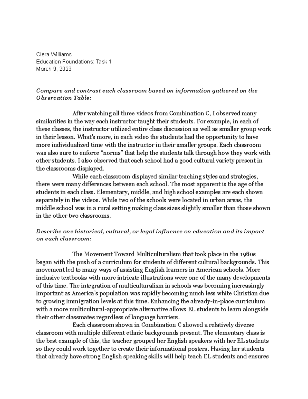 Educational Foundations Task 1 - Ciera Williams Education Foundations ...