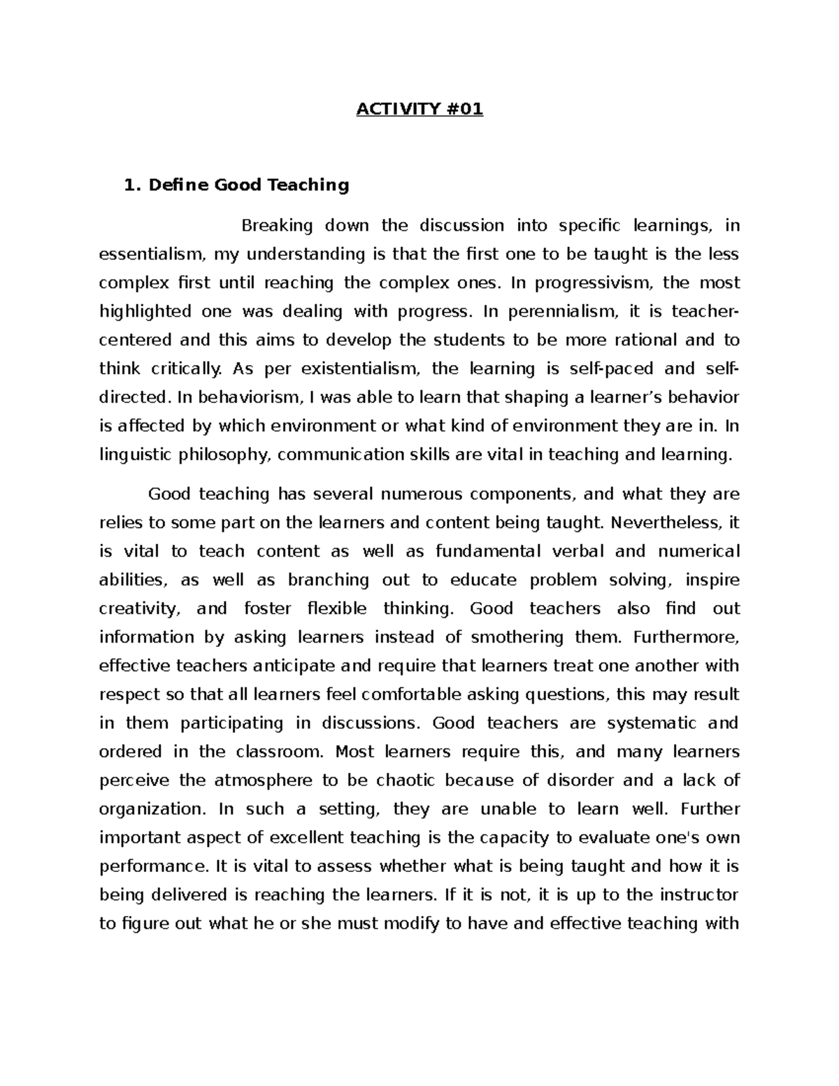 Effective and Efficient Education For All - ACTIVITY Define Good ...