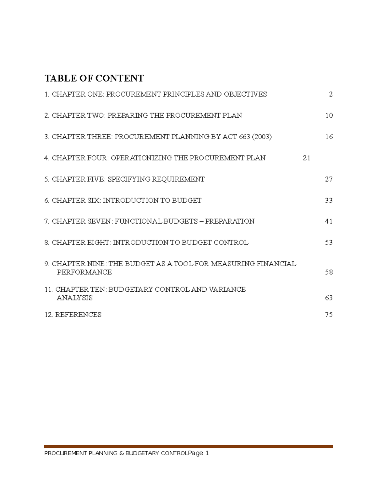 Procurement Planning AND Budgetary Control - TABLE OF CONTENT CHAPTER ...
