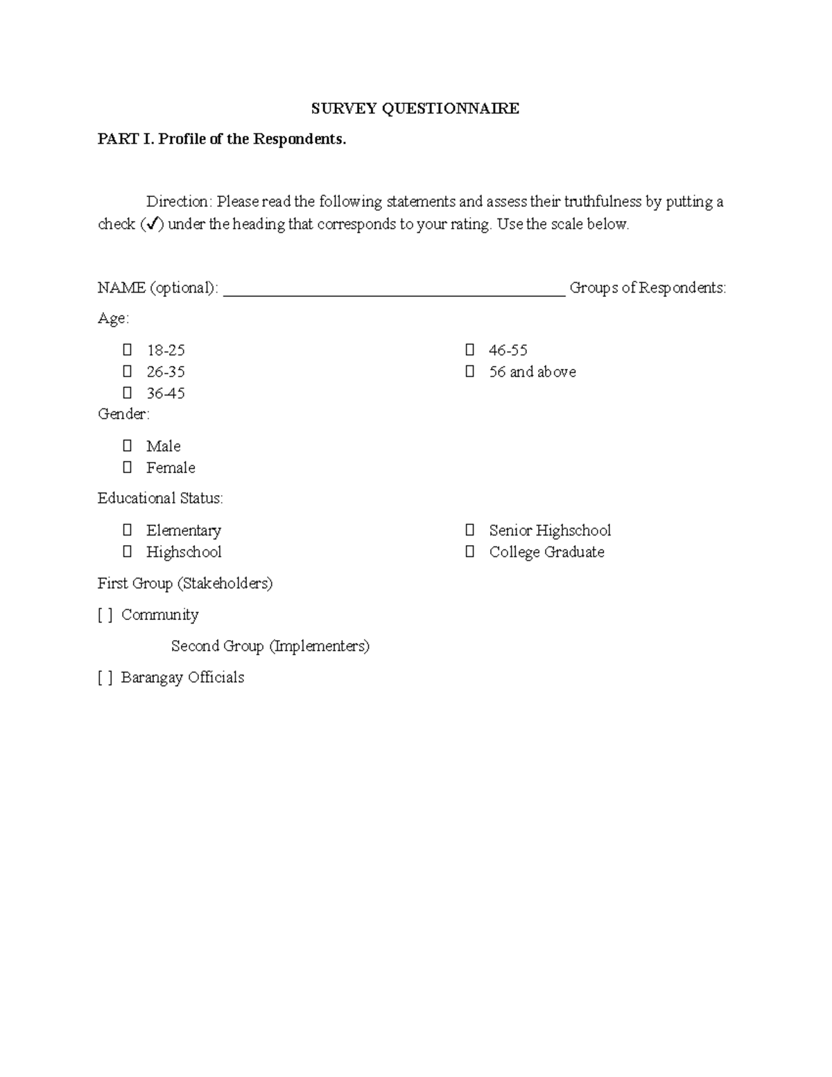Ruanes Questionnaire (1) - SURVEY QUESTIONNAIRE PART I. Profile of the ...
