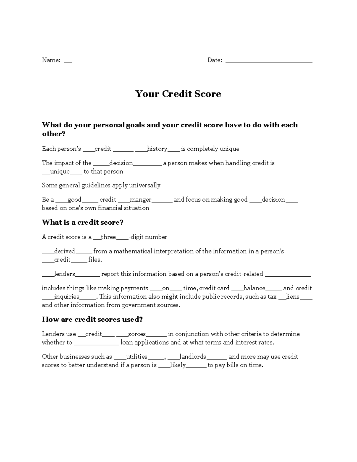 - Money - Credit Scores - Name: __ Date: _____________________ Your ...