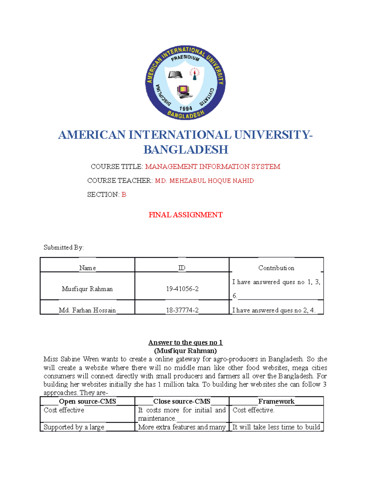 MIS Final Assignment B(Resub) - AMERICAN INTERNATIONAL ...