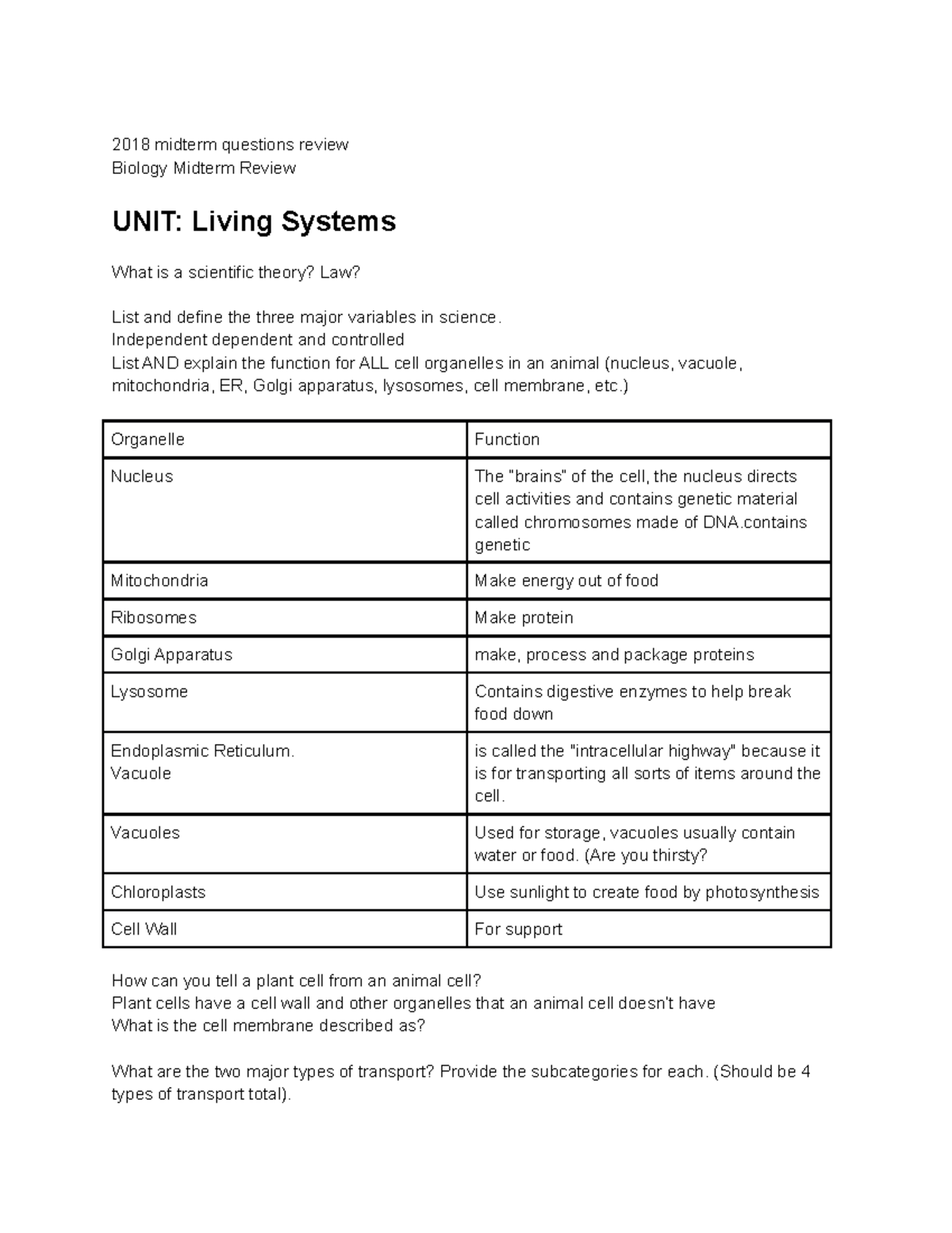 2018 midterm questions review - 2018 midterm questions review Biology ...