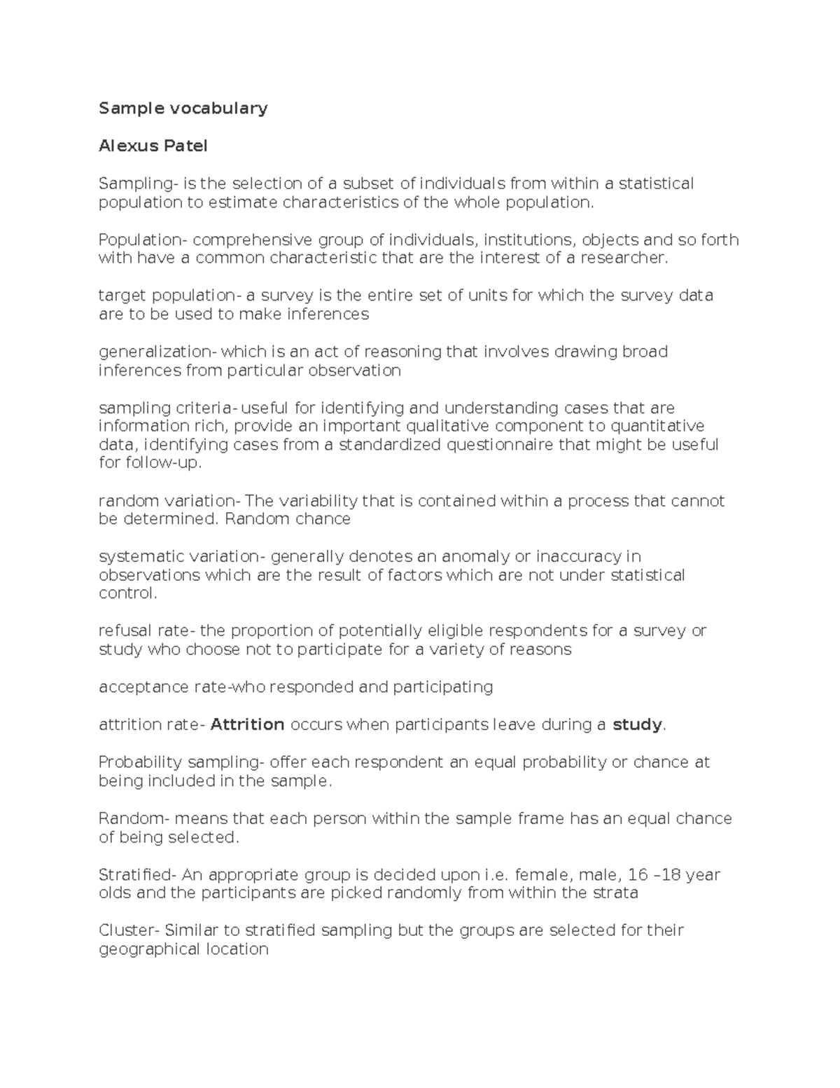 Sample vocabulary - Sample vocabulary Alexus Patel Sampling- is the ...