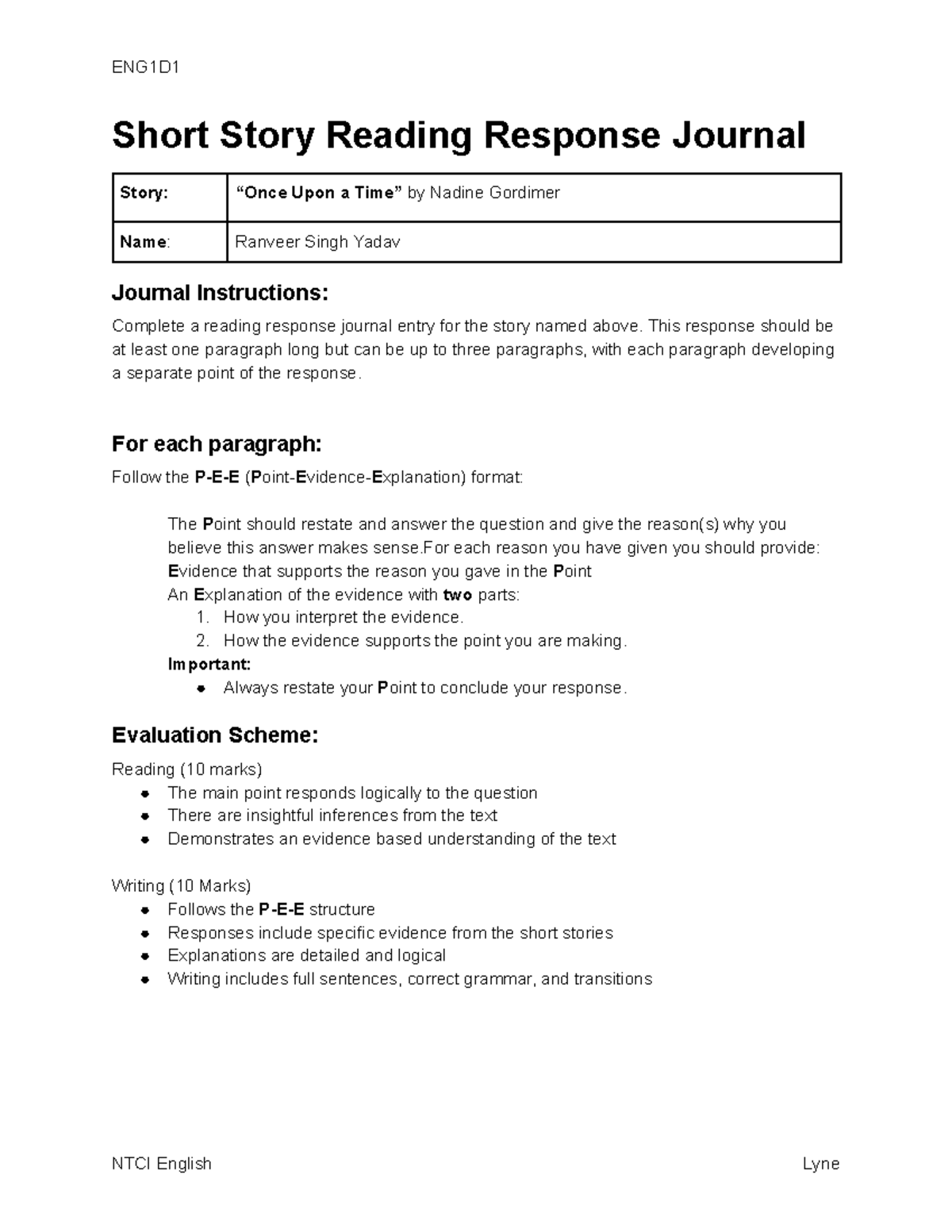 Reading Response Journal Once Upon a Time - Short Story Reading ...