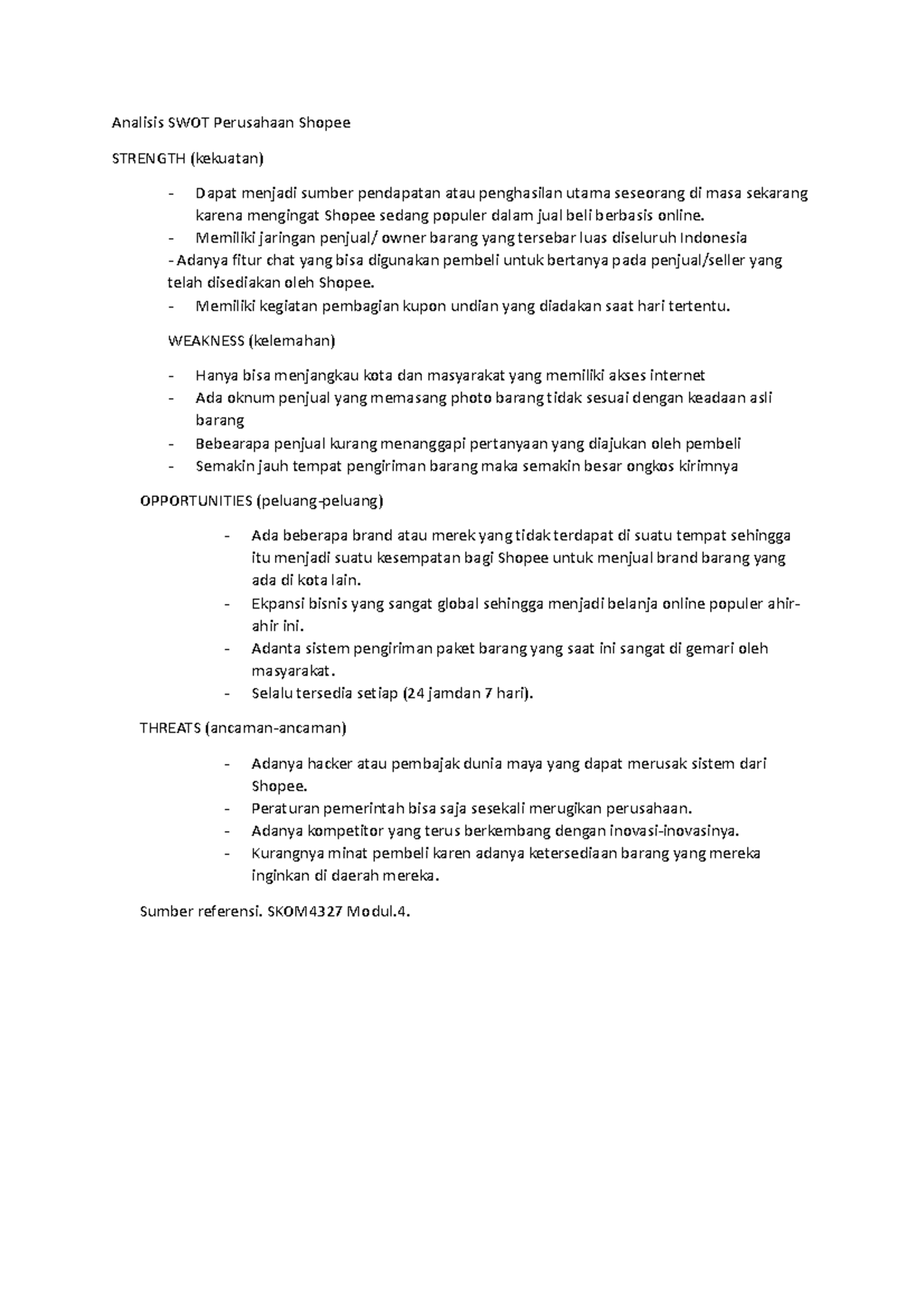 Analisis SWOT Perusahaan Shopee diskusi 3 SKOM4327 - Analisis SWOT ...