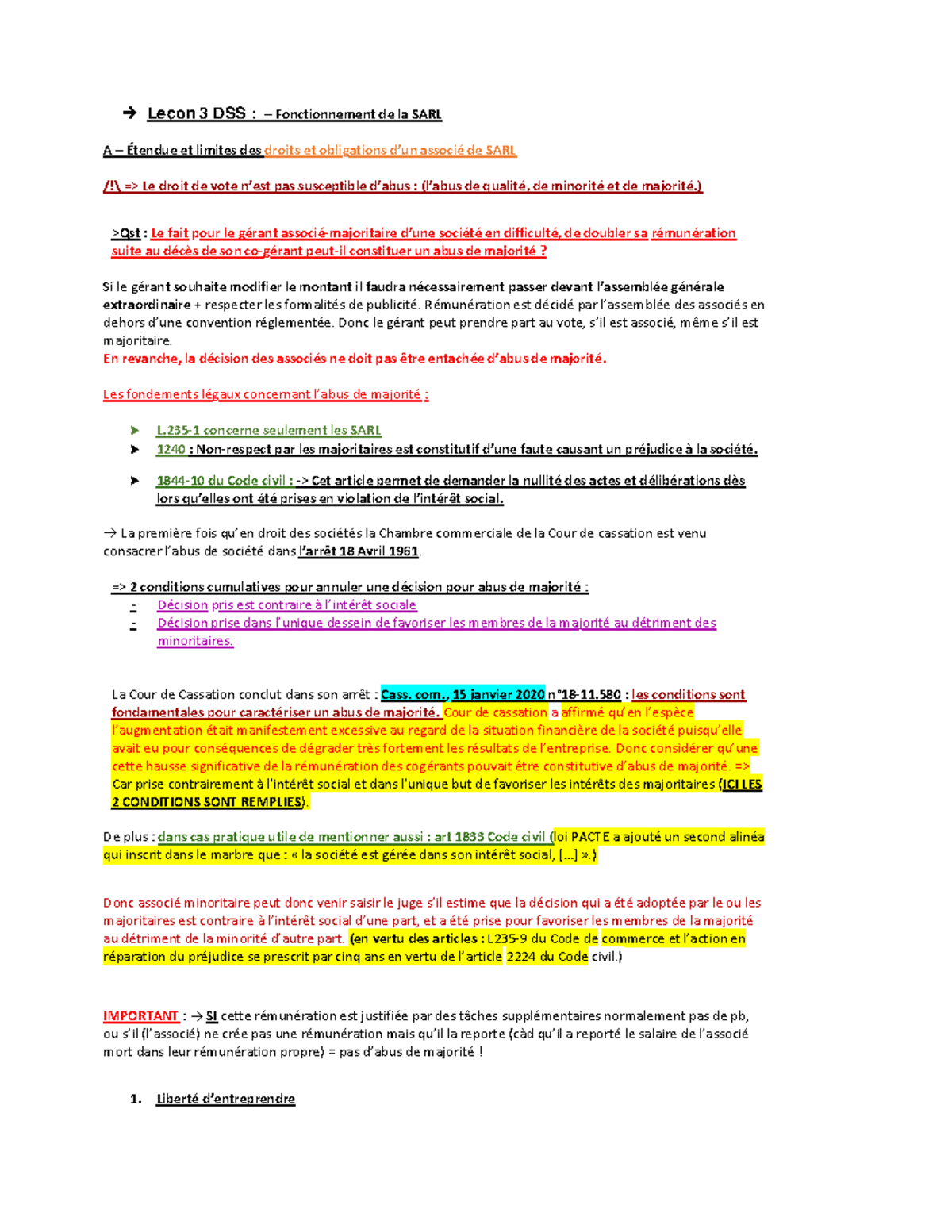 Fiche droit des sociétés - Leçon 3 DSS : – Fonctionnement de la SARL A ...