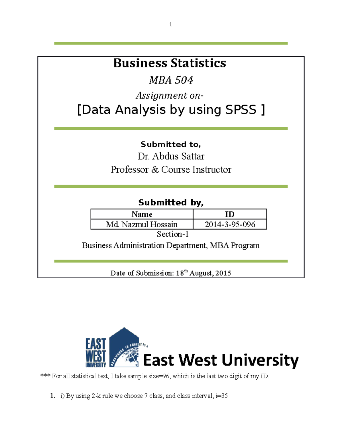 Business Statistics MBA 504 Assignment o - Date of Submission: 18th ...
