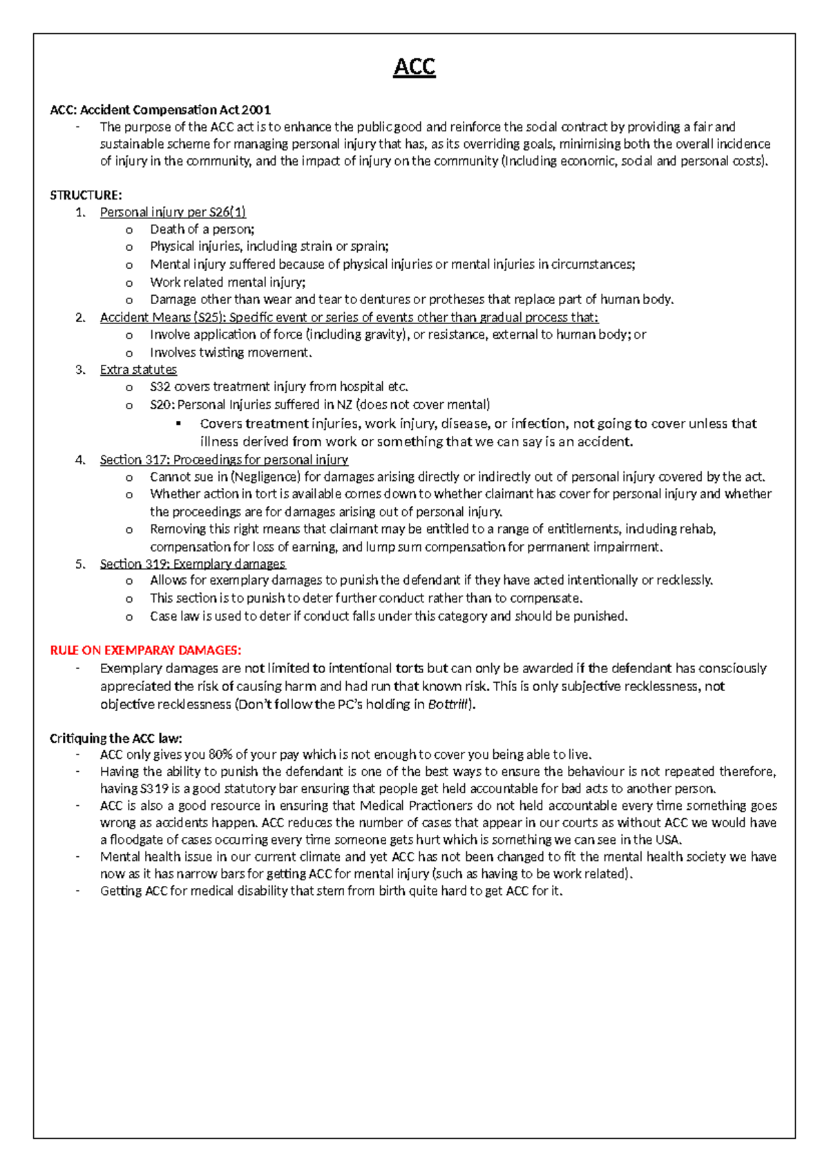 ACC - Final notes - Summary of ACC - ACC ACC: Accident Compensation Act ...