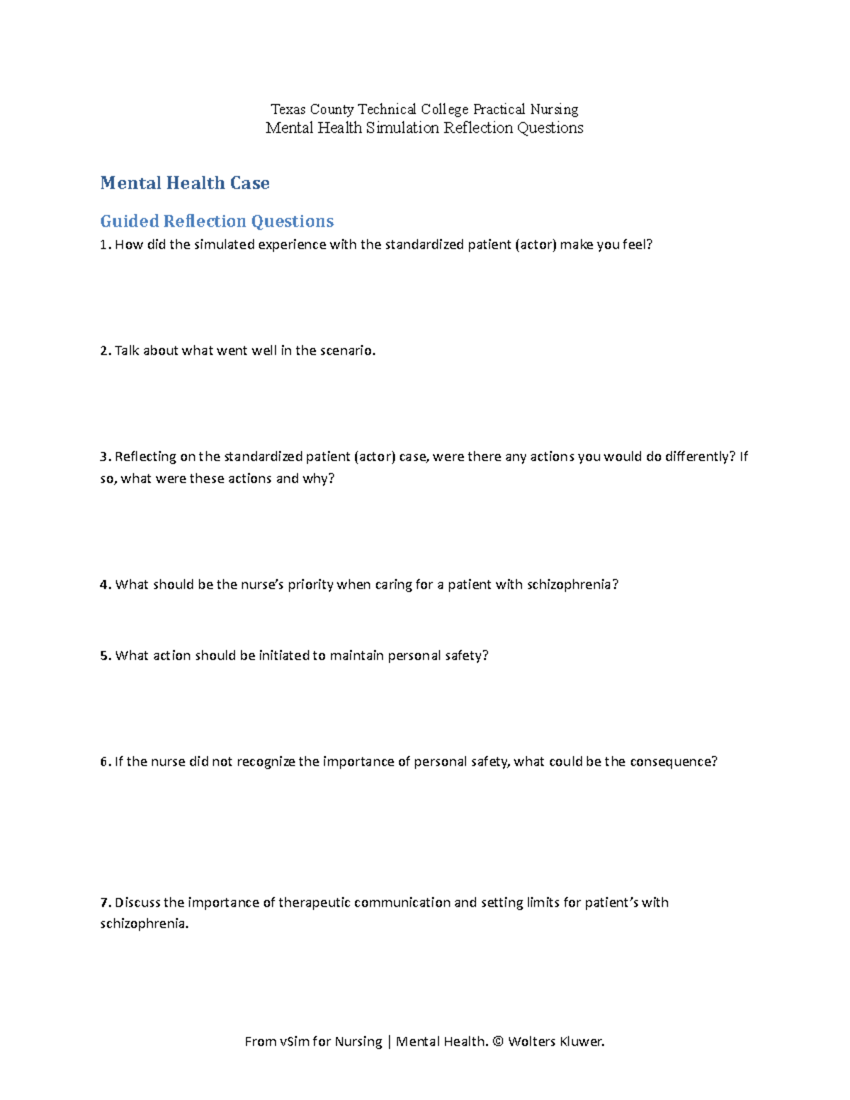 Mental Health Sim Guided Reflection Questions - Texas County Technical ...