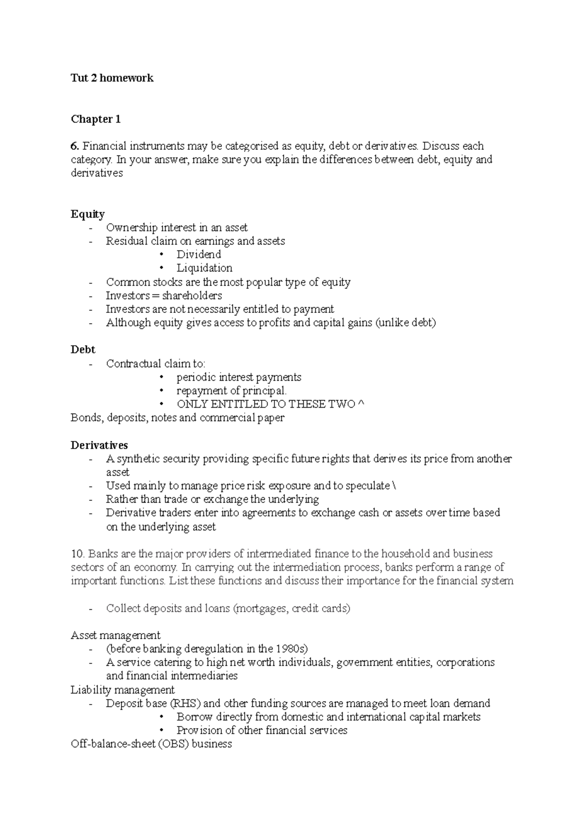 Tut 2 homework - short - Tut 2 homework Chapter 1 Financial instruments ...