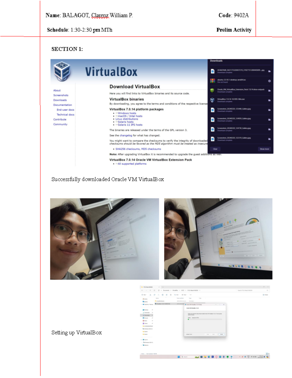 IT123 Midtermlab Activity#2 - SECTION 1: Successfully downloaded Oracle VM VirtualBox Setting up ...
