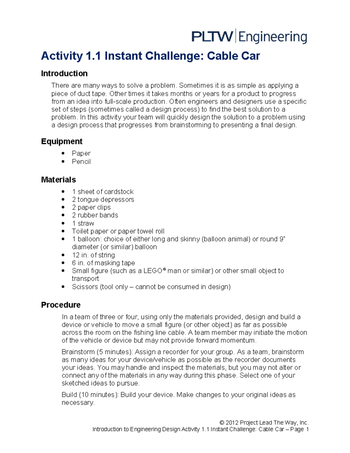 1 - PLTW - Activity 1 Instant Challenge: Cable Car Introduction There ...