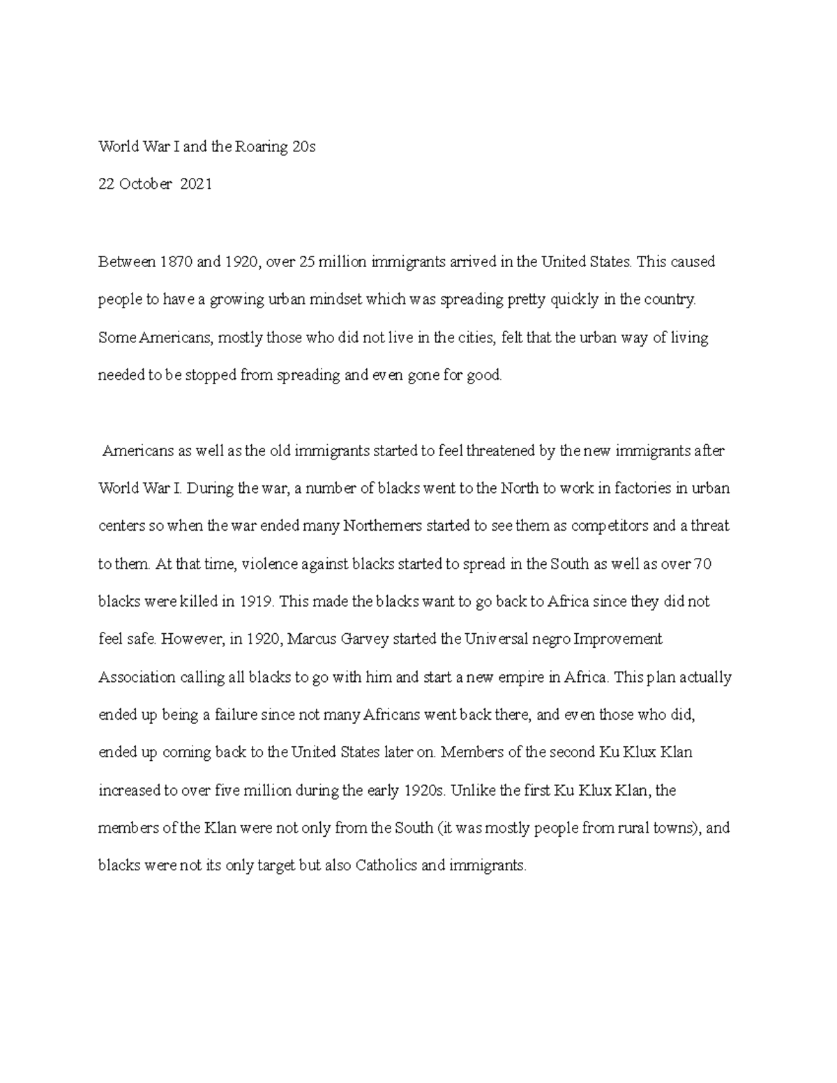 History summary 2 - World War I and the Roaring 20s 22 October 2021 ...