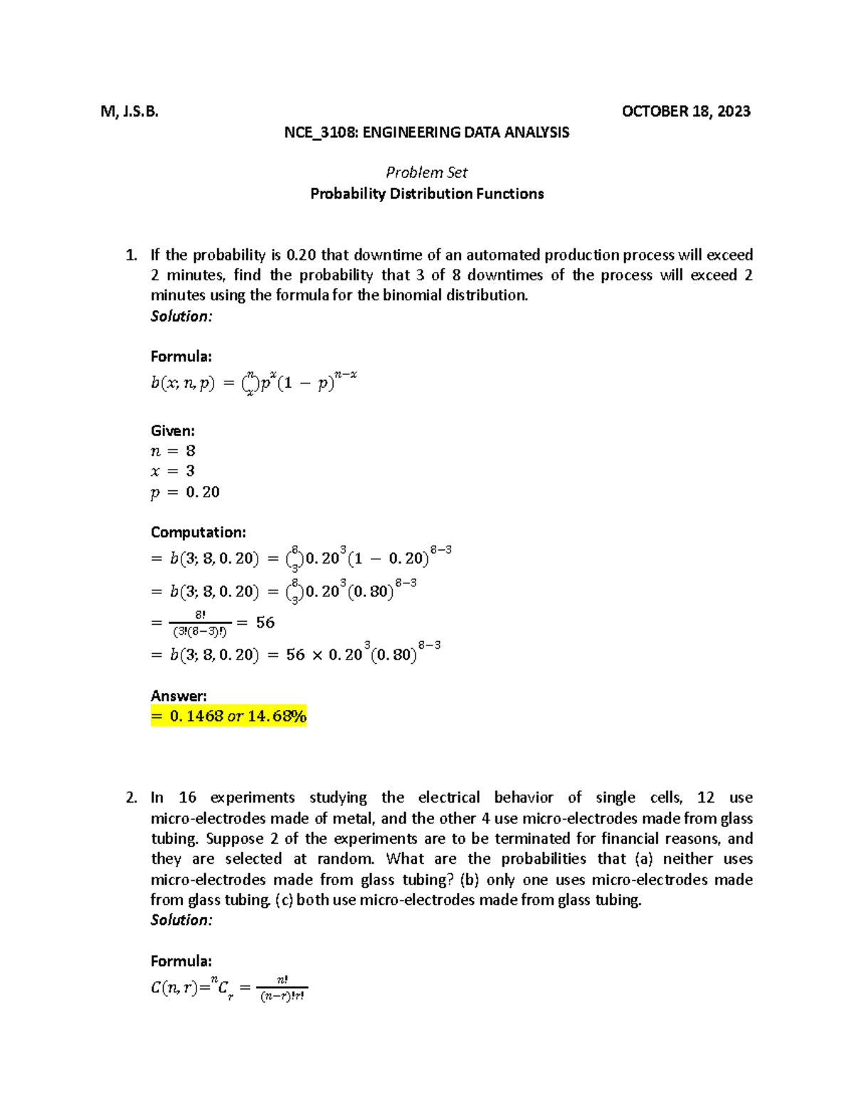 Probability Distribution Function - M, J.S. OCTOBER 18, 2023 NCE_3108: ENGINEERING DATA ANALYSIS ...