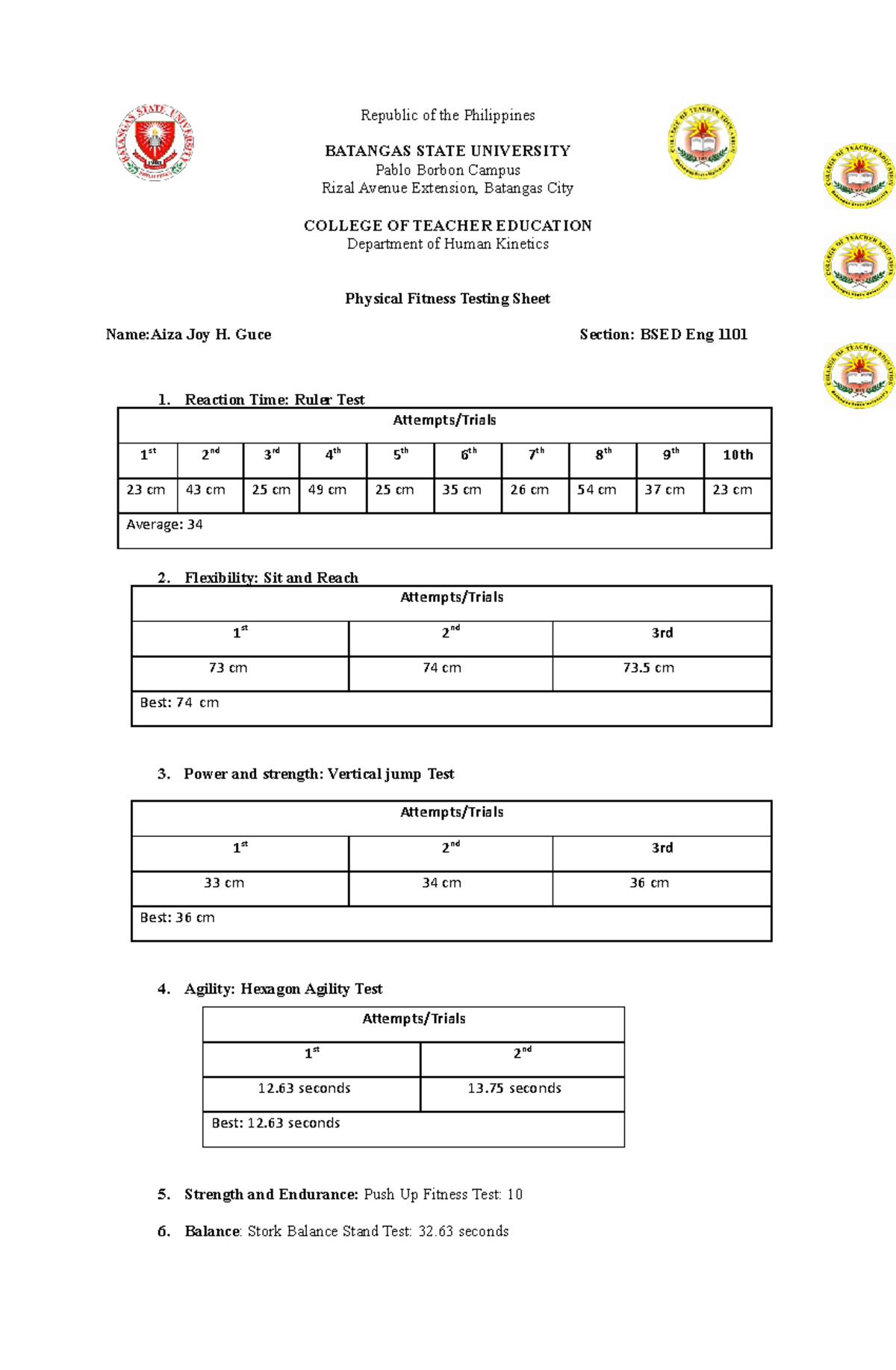 AIZA JOY GUCE - Physical- Fitness- Testing- Sheet- Edited - Republic of ...
