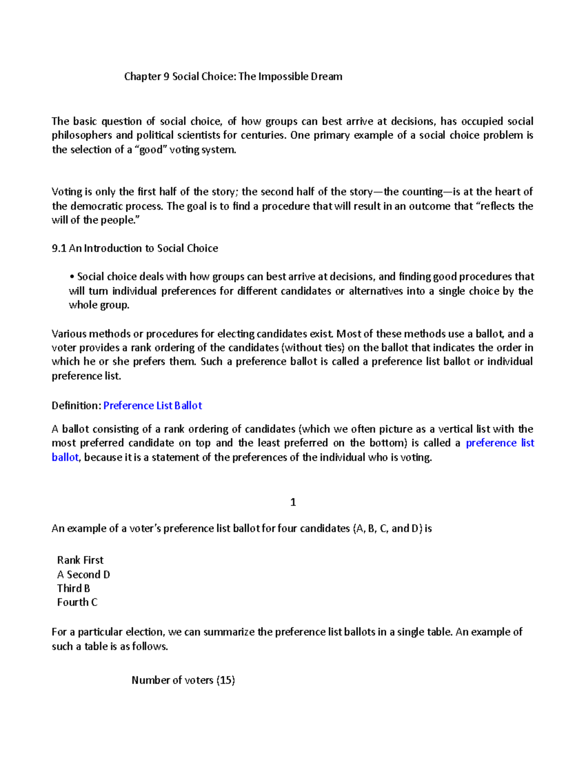 Chapter 9.1 An introduction to Social Choice - Chapter 9 Social Choice ...