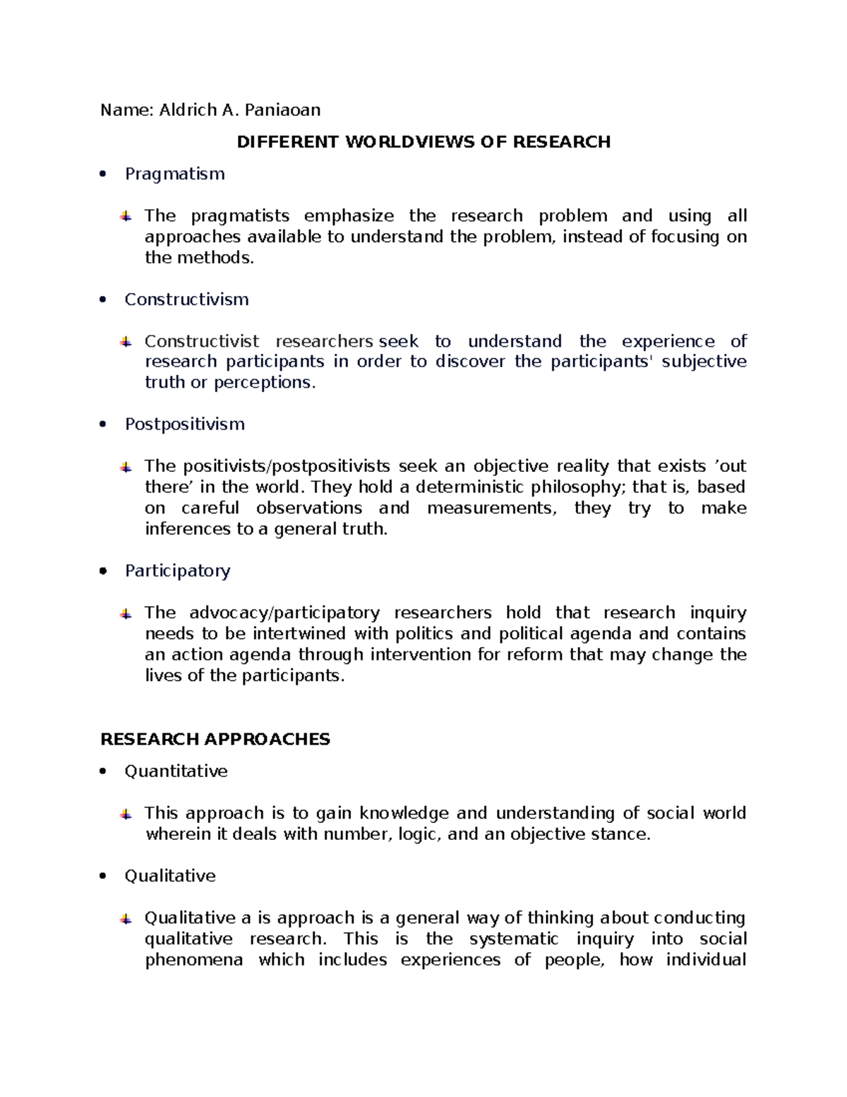 Aldit worldview of research - Name: Aldrich A. Paniaoan DIFFERENT ...