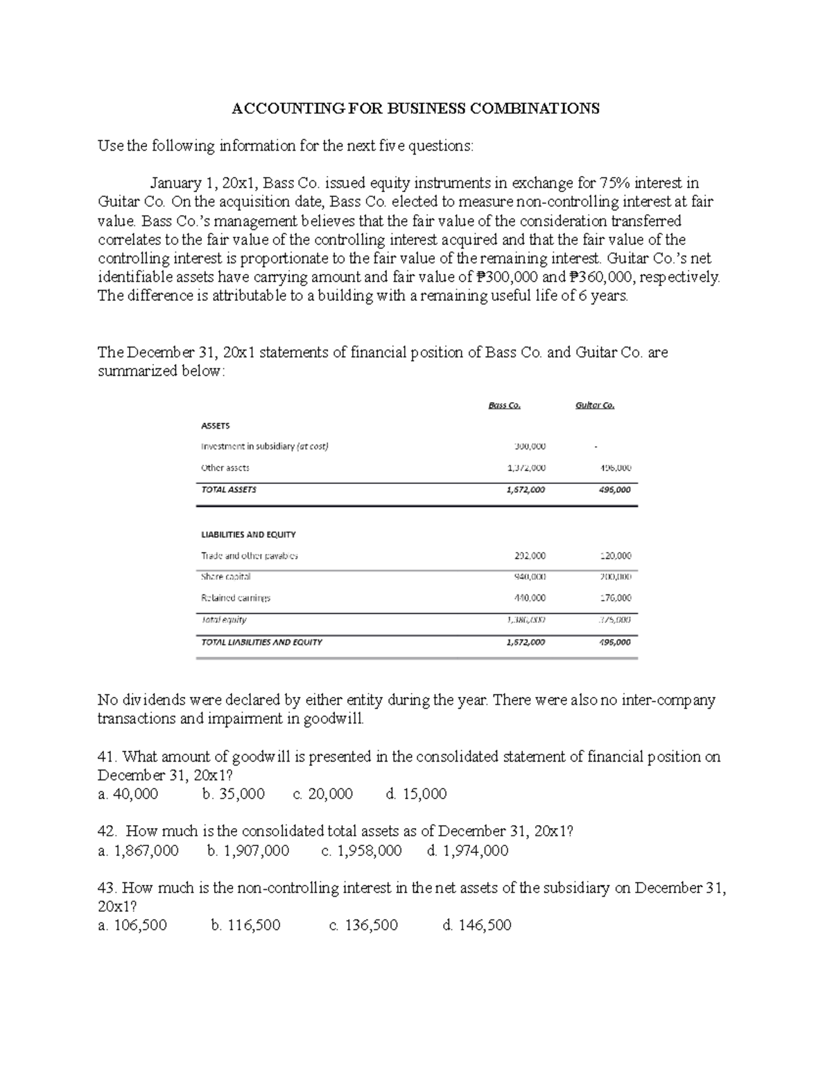 Buscom- Prelimreviewer - ACCOUNTING FOR BUSINESS COMBINATIONS Use the following information for ...