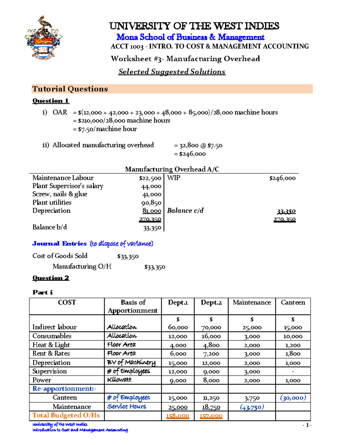 Suggested Solutions Work Sheet #3 - University of the West Indies ...