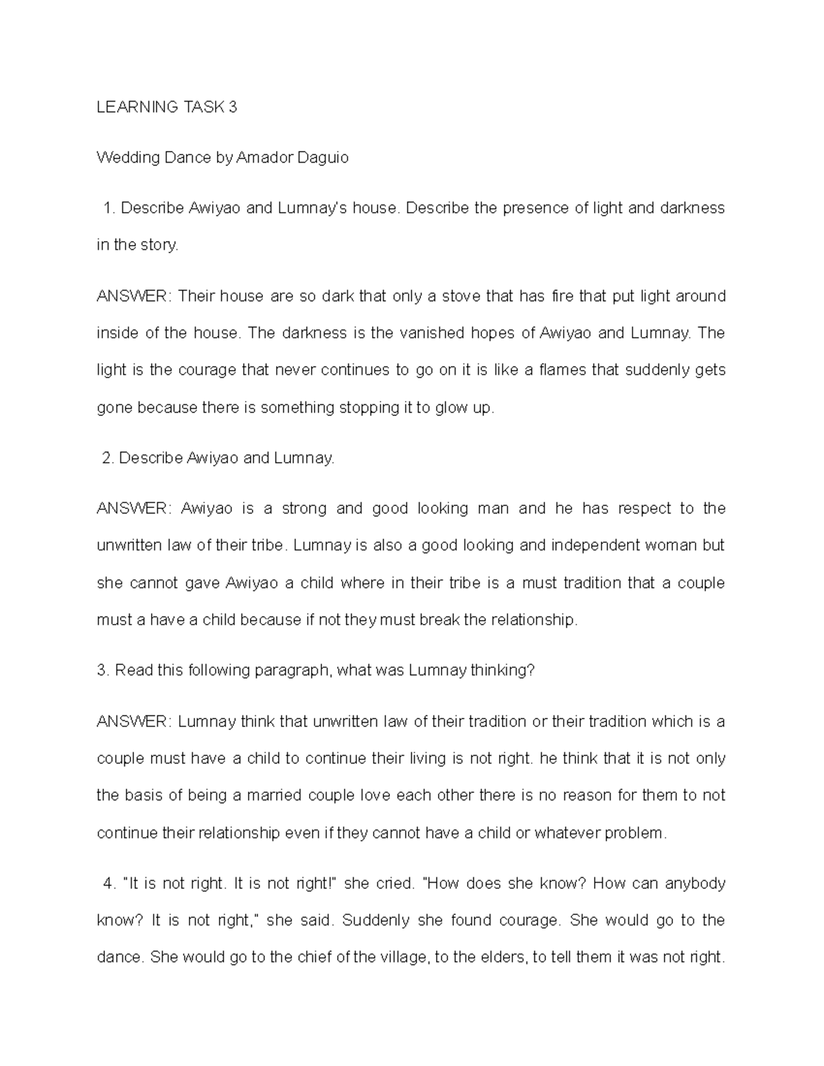 Literature 3 - LEARNING TASK 3 Wedding Dance by Amador Daguio Describe ...