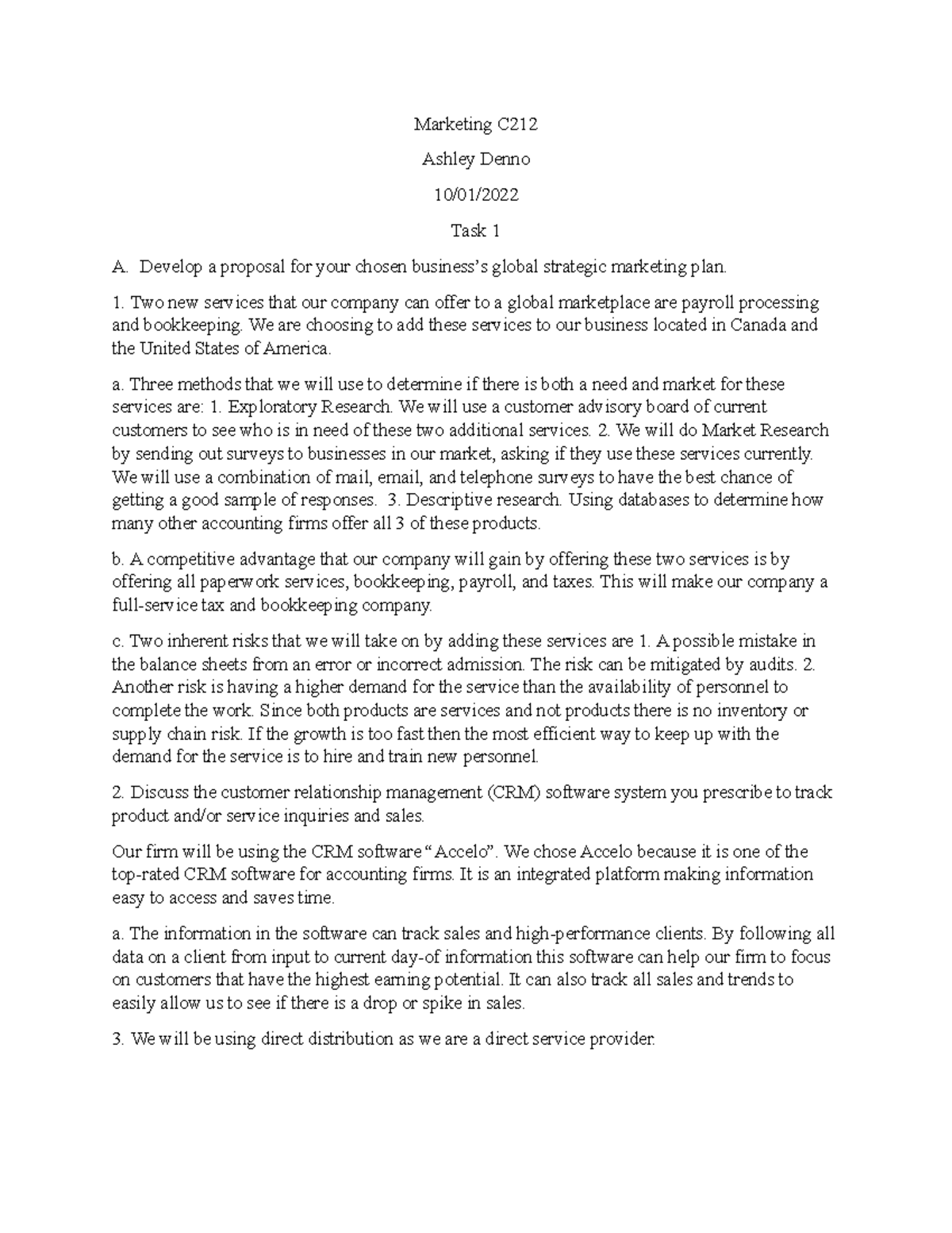 Marketing - Develop a proposal for your chosen business’s global ...