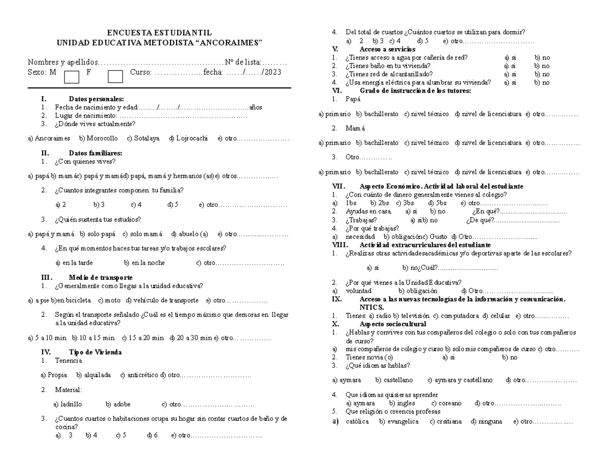 Encuesta Estudiantil - ENCUESTA ESTUDIANTIL UNIDAD EDUCATIVA METODISTA ...