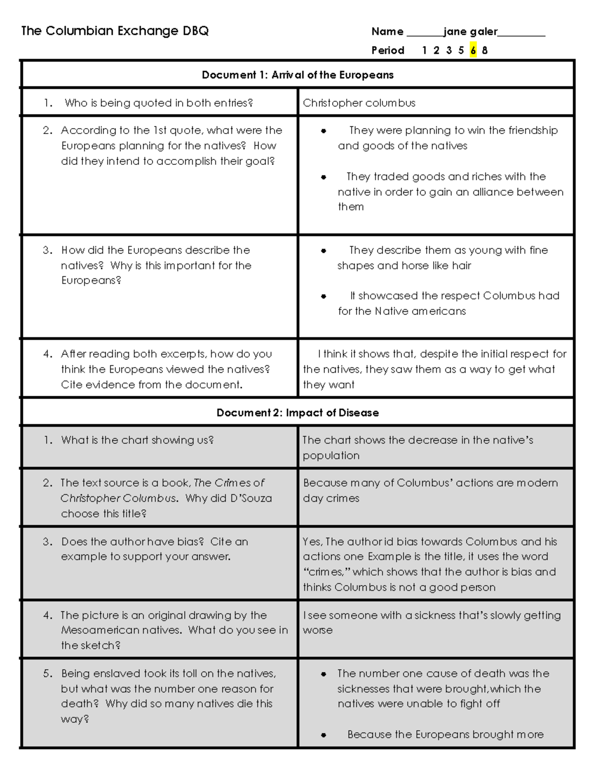 The Columbian Exchange DBQ Questions - The Columbian Exchange DBQ Name ...