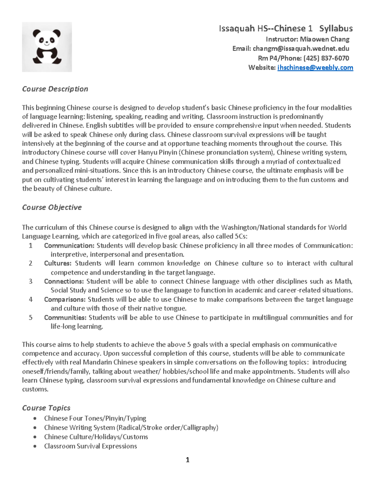 Chinese 1 syllabus - This is a 1 year course, which, upon completion ...