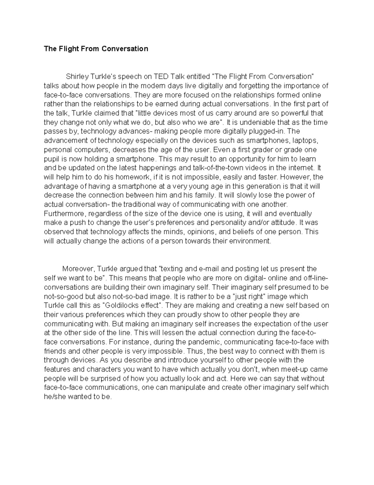 The flight from conversation Part 1 Reaction Paper - The Flight From ...