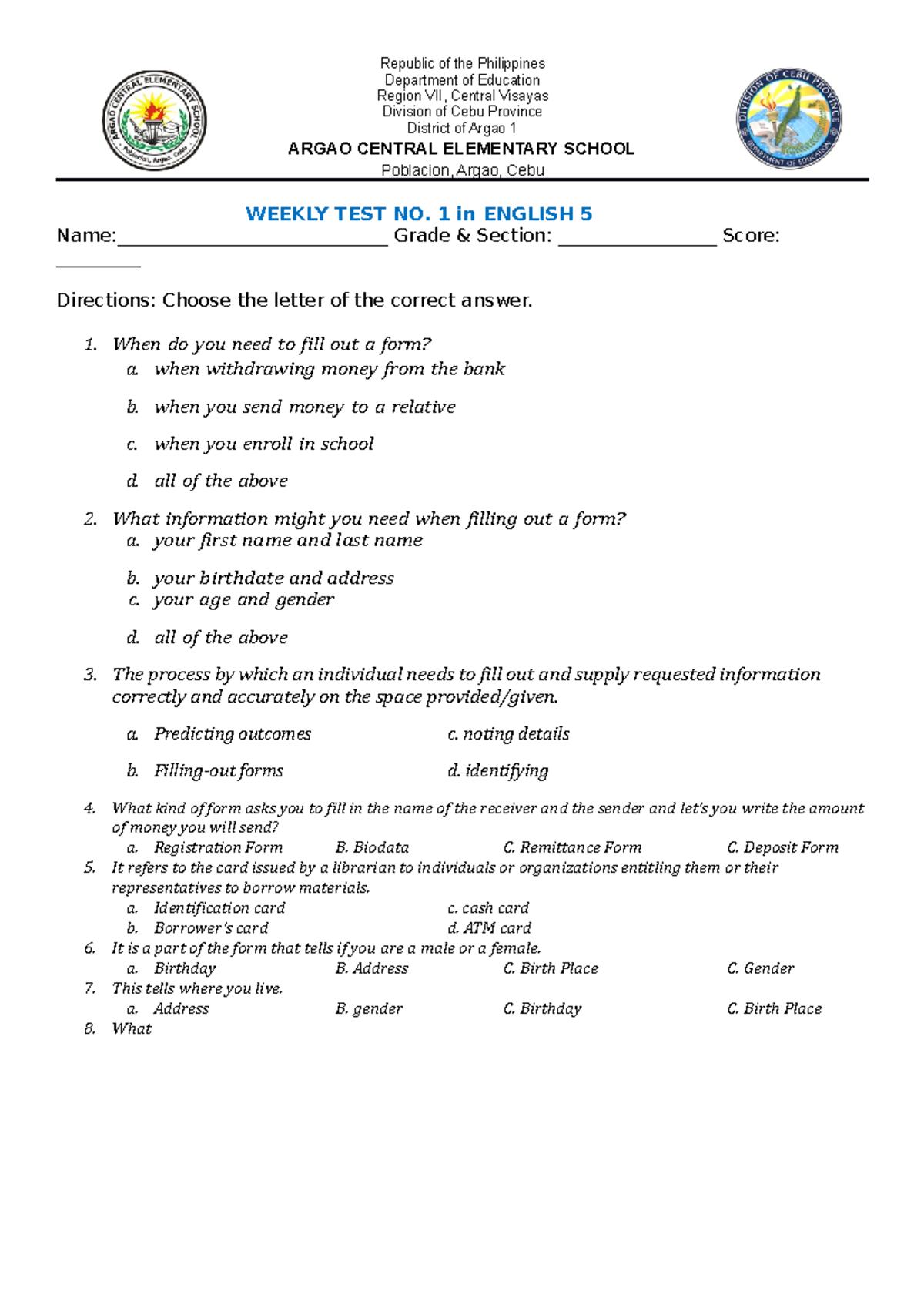 English 5 Week 1 Test - Republic of the Philippines Department of ...