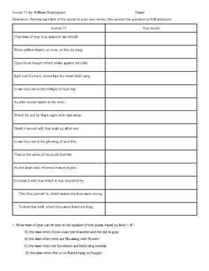 Sonnet 73-Answer Key - Answer key for student practice sheet. - Sonnet ...