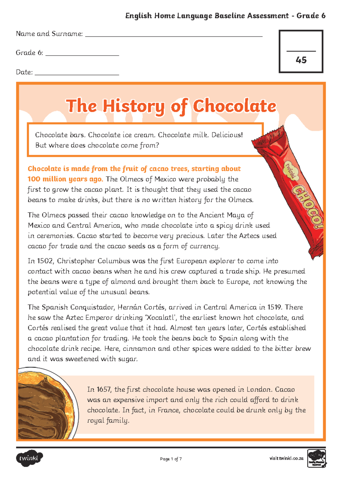Grade 6 English Home Language Baseline Assessment - Chocolate is made ...