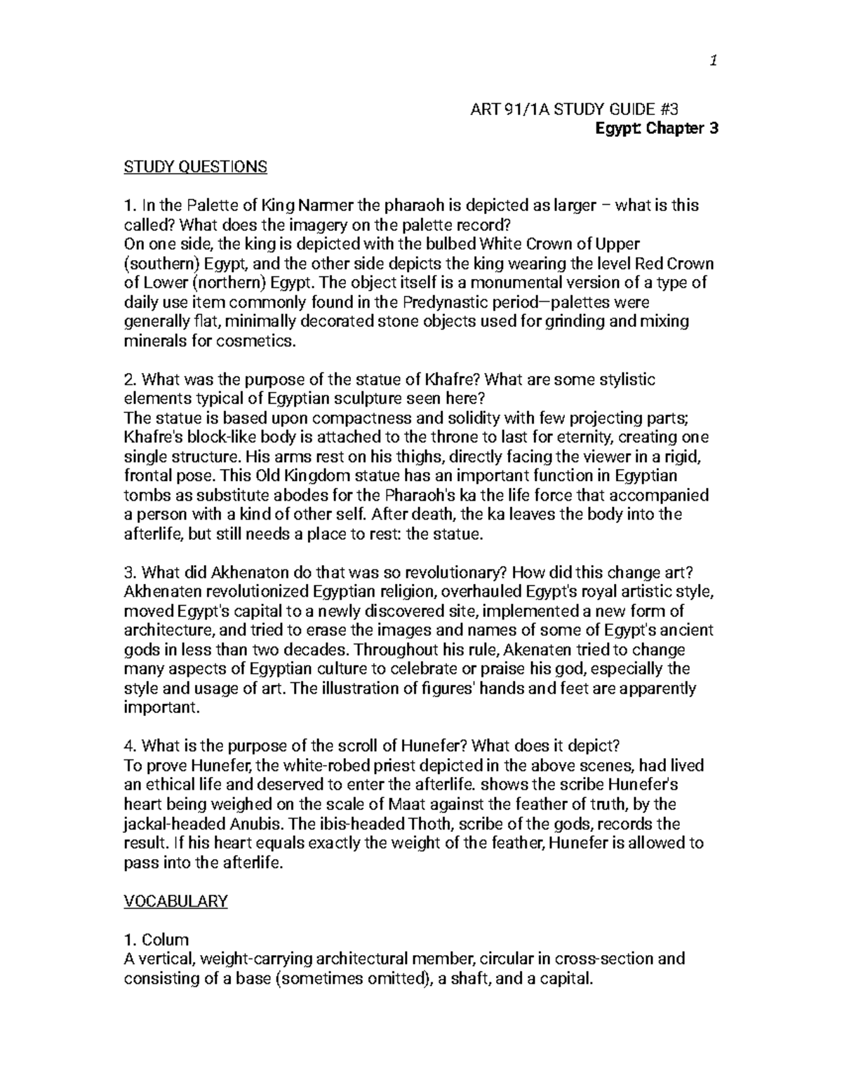 Art 91 Study Guide 3 - Art 91 - 1 ART 91/1A STUDY GUIDE Egypt: Chapter 3 STUDY QUESTIONS In the ...