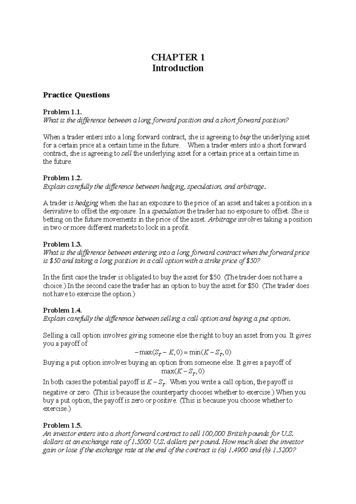 Chapter 1 Solution 파생상품시장의 도입 배경 및 경제적 기능을 설명하고 파생상품의 가격결정모형 및 투자위험